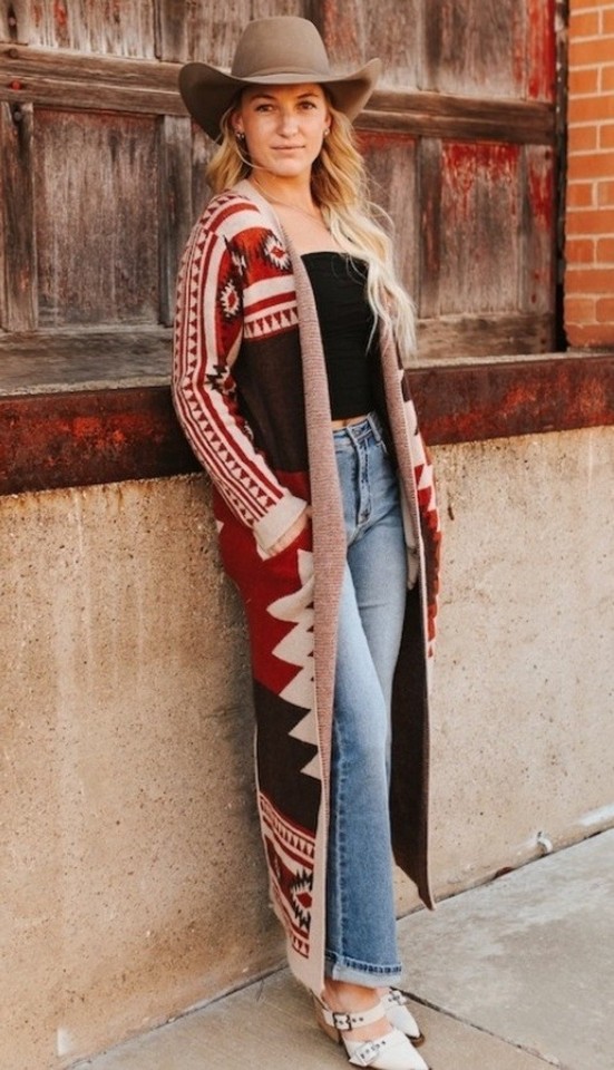 Boho Tribal Western Aztec Knit Long Maxi Cardigan Sweater Duster Coat L ...