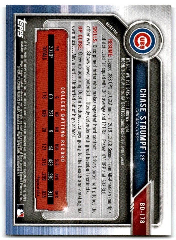 2019 Bowman Draft Chase Strumpf Chicago Cubs #BD-178 | eBay