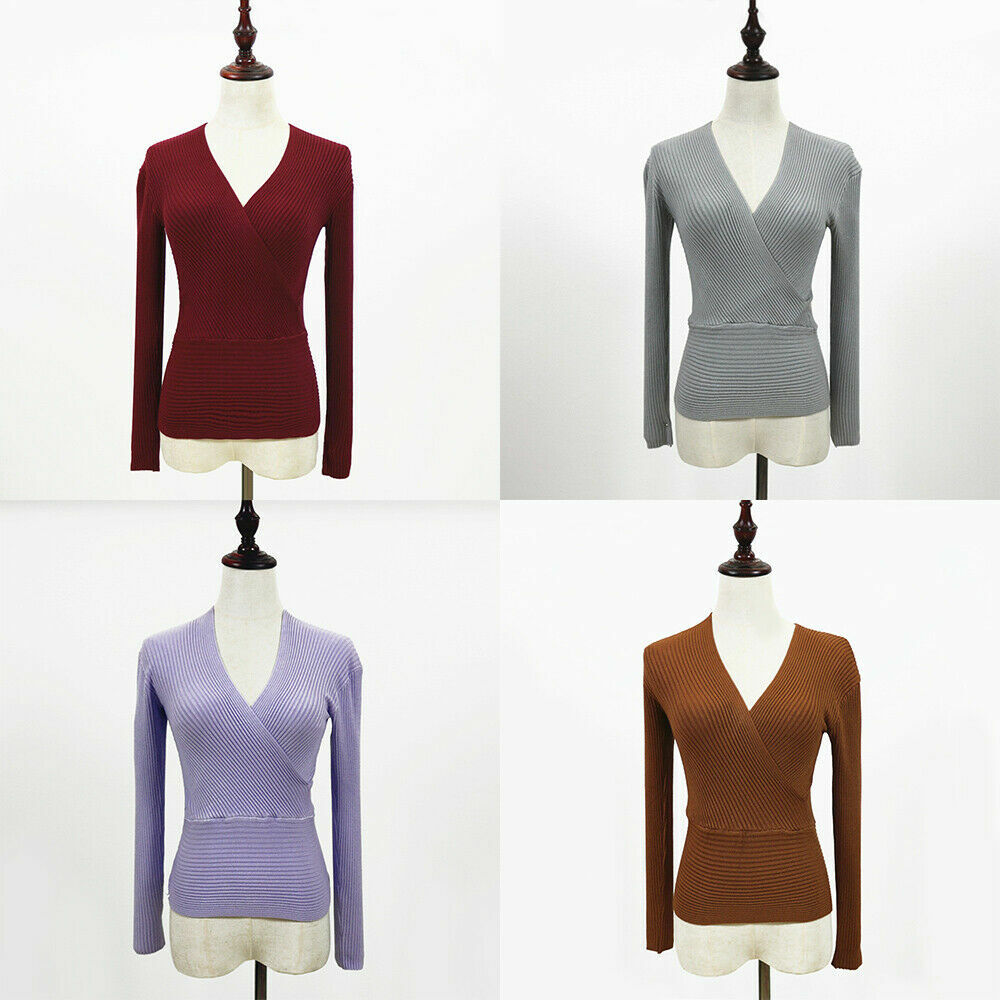 Lady Ribbed Knit Sweater Cross Over Front Deep V Neck Pullover Jumper ...