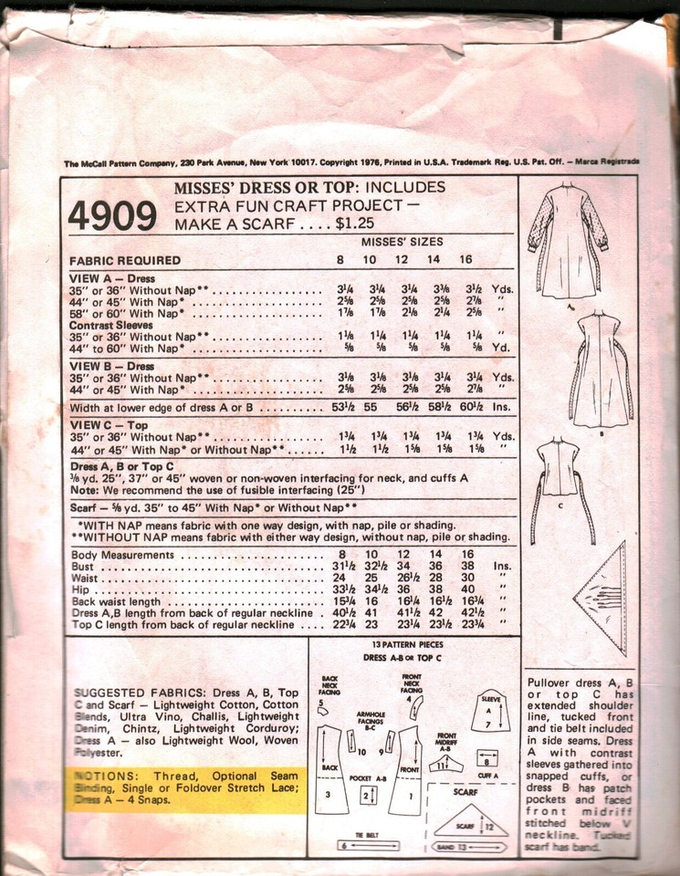 4909 Vintage McCalls SEWING Pattern Misses 1970s Pullover Dress Top Sew ...