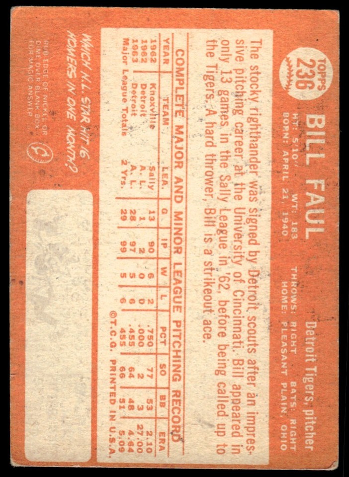 1964 Topps Bill Faul Detroit Tigers #236 | eBay