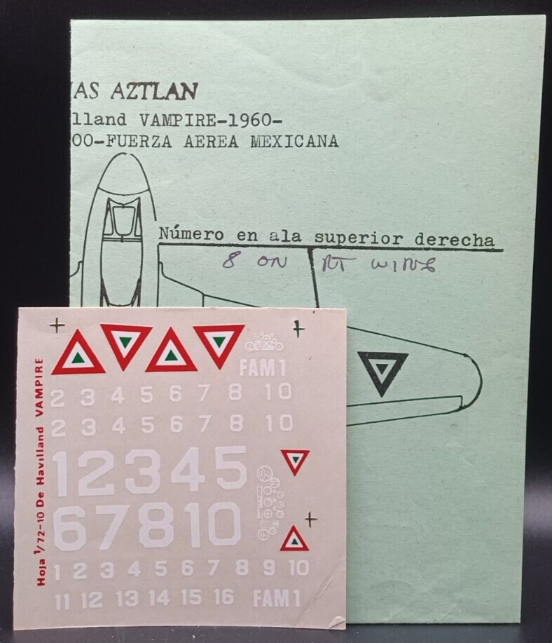 Calcomanias Aztlan | No. 72-10 | 1:72 Vampire Mexican Air Force Decals ...