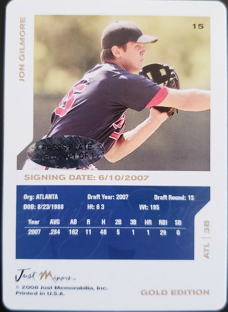 JON GILMORE 2008 Just Memorabilia Rookie PRINTING Press PLATE SP 1/1 of ...