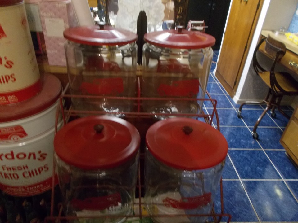 VINTAGE 2 GALLON GORDON'S CANDY 4 JAR RACK AND JAR'S ALL MINT! 3 CAN'S ...