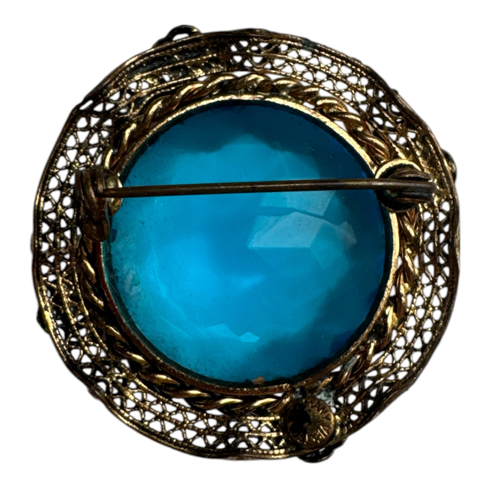 Vintage Blue Rhinestone Filigree Domed Brooch Pin Prong Layered Scroll ...
