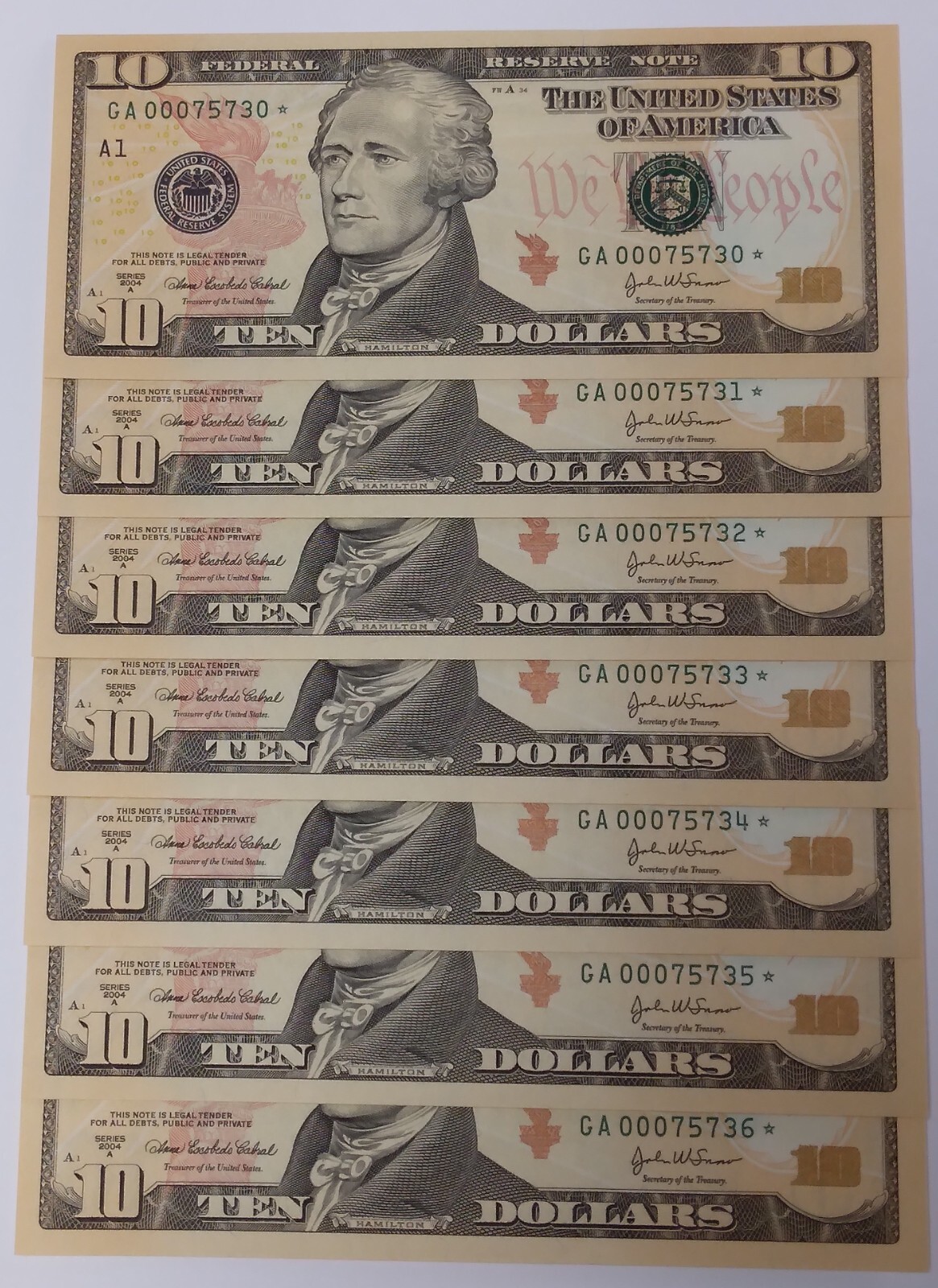 7x Consecutive STAR Notes US $10 FRN Currency Low Serial 00075730-6 ...
