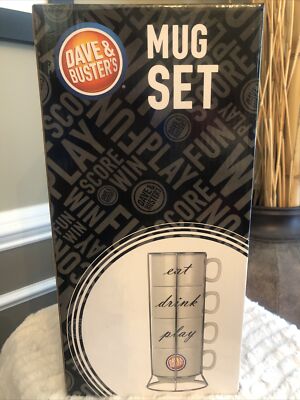 Dave & Busters Mug Set Stackable Coffee Mugs Stand Set of 4 Eat Drink ...