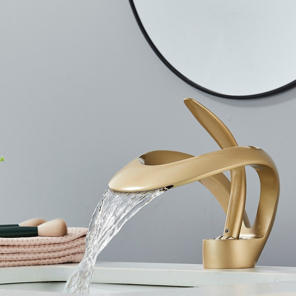 Gold Bathroom Sink Faucet Vessel Single Handle Waterfall Basin Vanity ...