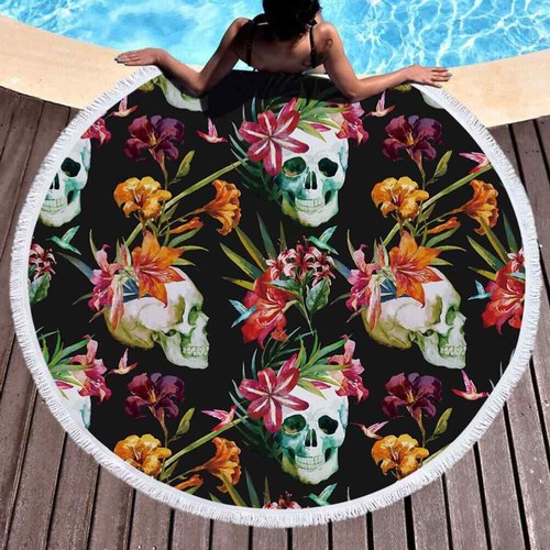 Skull Lock Bud Round Beach Pool Towel Fringe 150cm Throw Yoga Picnic ...
