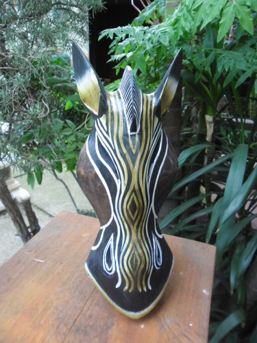 Zebra Tribal Mask (wall hanging) 30cm - brown,black,white & gold tones ...