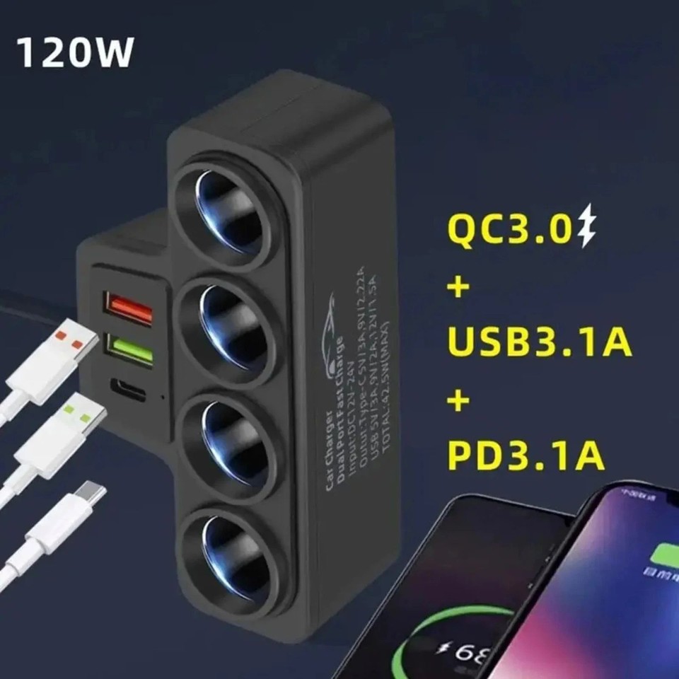 4 Way Multi Socket Car Cigarette Lighter Splitter USB Charger Adapter ...