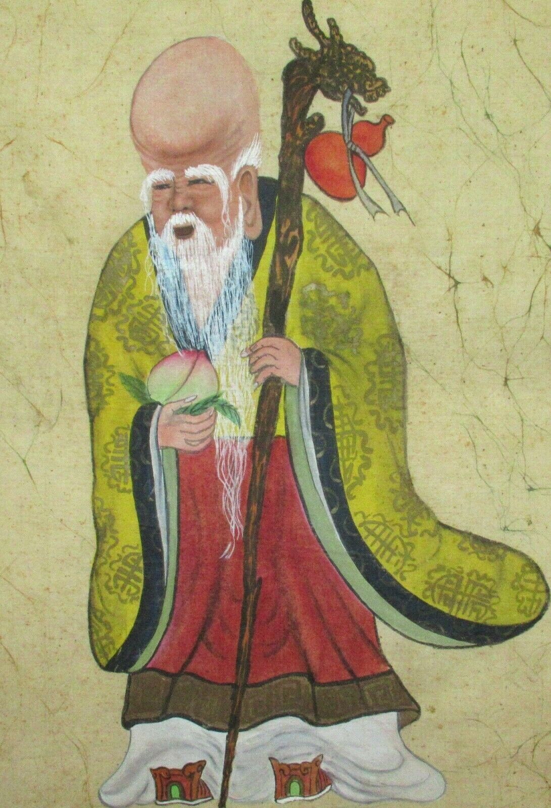 LARGE OLD CHINESE MAN WITH CANE WATERCOLOR BATIK PAINTING UNSIGNED ...