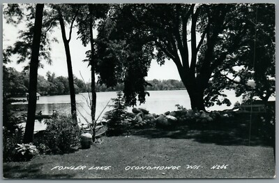RPPC Postcard Oconomowoc WI Fowler Lake Canoe on the lake looking ...