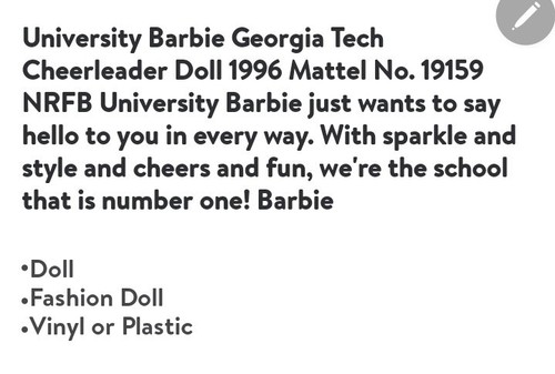 1996 Mattel Georgia Tech University Barbie | eBay