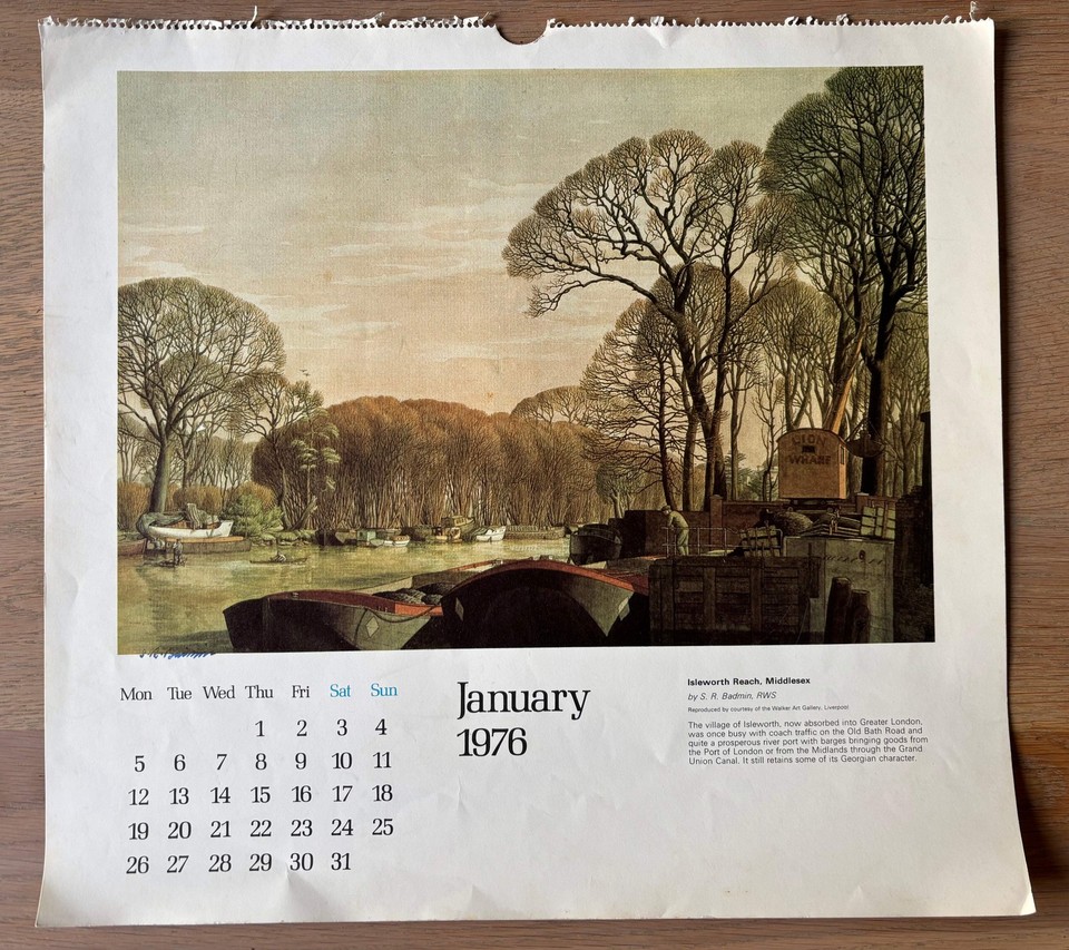 S R Badmin Signed JANUARY 1976 Calendar Isleworth Reach ILLUSTRATION ...