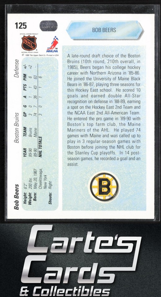 Bob Beers 1990-91 Upper Deck #125d Boston Bruins RC TTM/IP Signed Auto ...
