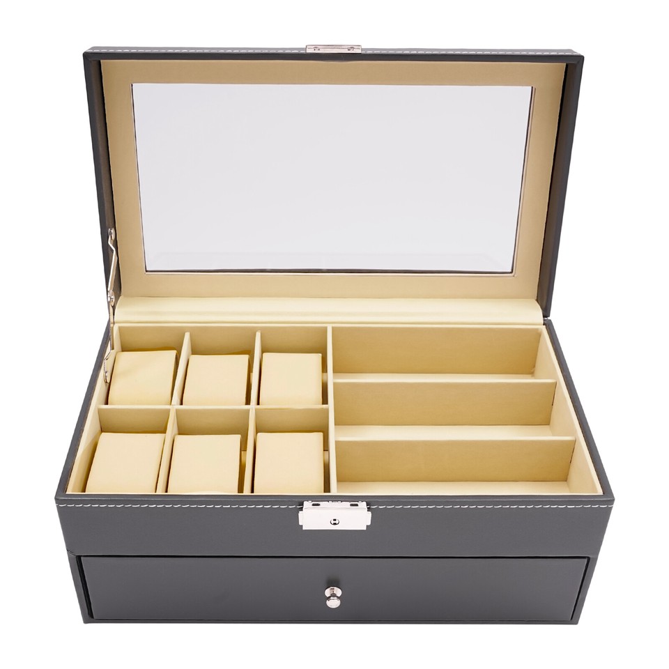 9+6 Slots Watch Box Eyeglasses Jewelry Sunglass Storage Drawer Lockable ...