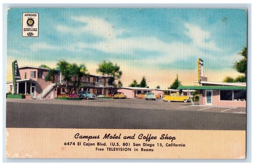 c1950 Campus Motel Coffee Shop Entrance Restaurant Cars San Diego 15 CA ...