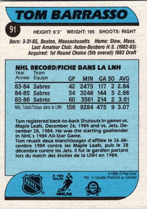 VINTAGE HOCKEY CARD OPC 1986 BUFFALO SABRES GOALIE TOM BARRASSO NO199 ...