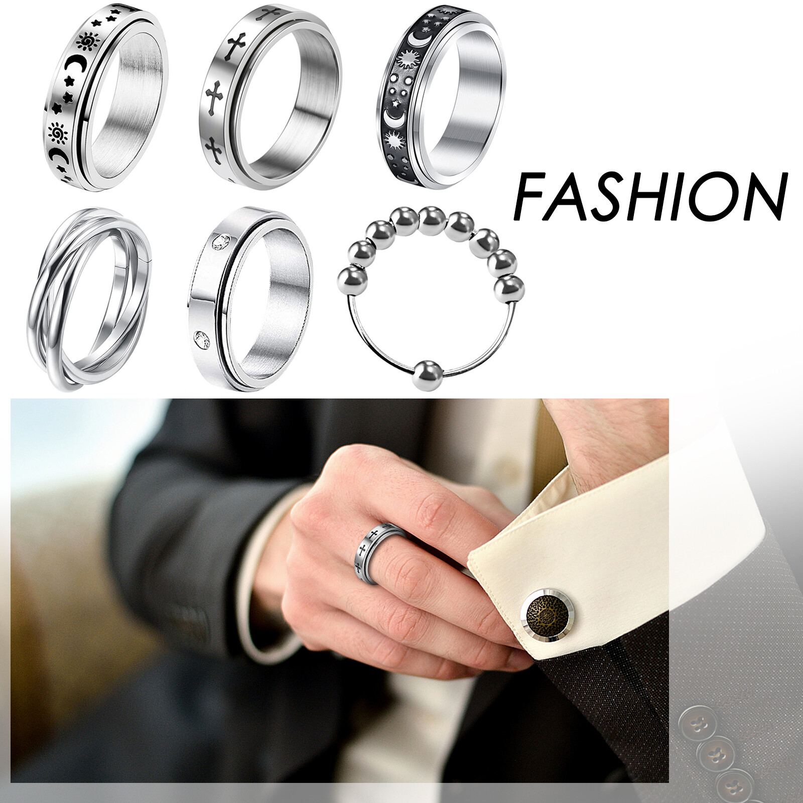 6pcs Sun Moon Cross Spinner Fidget Ring Stainless Steel Anxiety Band ...