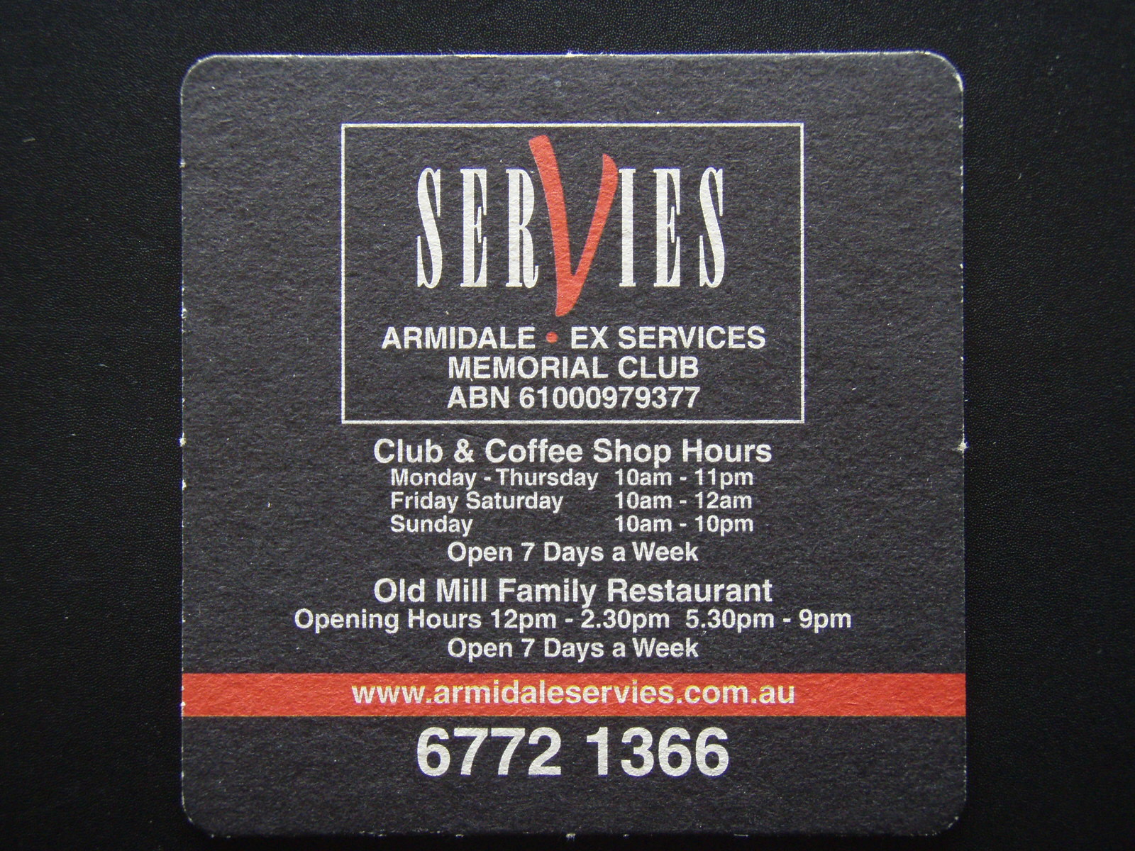 SERVIES ARMIDALE EX SERVICES MEMORIAL CLUB OLD MILL 67721366 RED ...