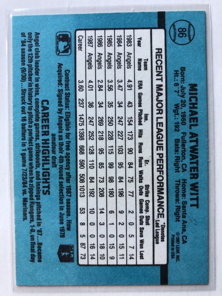 1988 Donruss Mike Witt #86 Autograph / Signed in person California ...