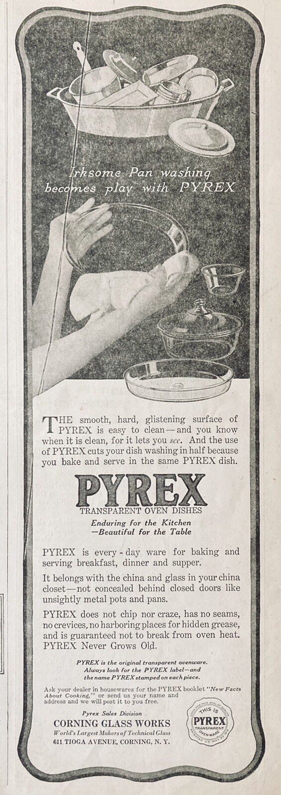 1920 AD(L15)~CORNING GLASS WORKS, CORNING, NY. PYREX OVEN DISHES | eBay