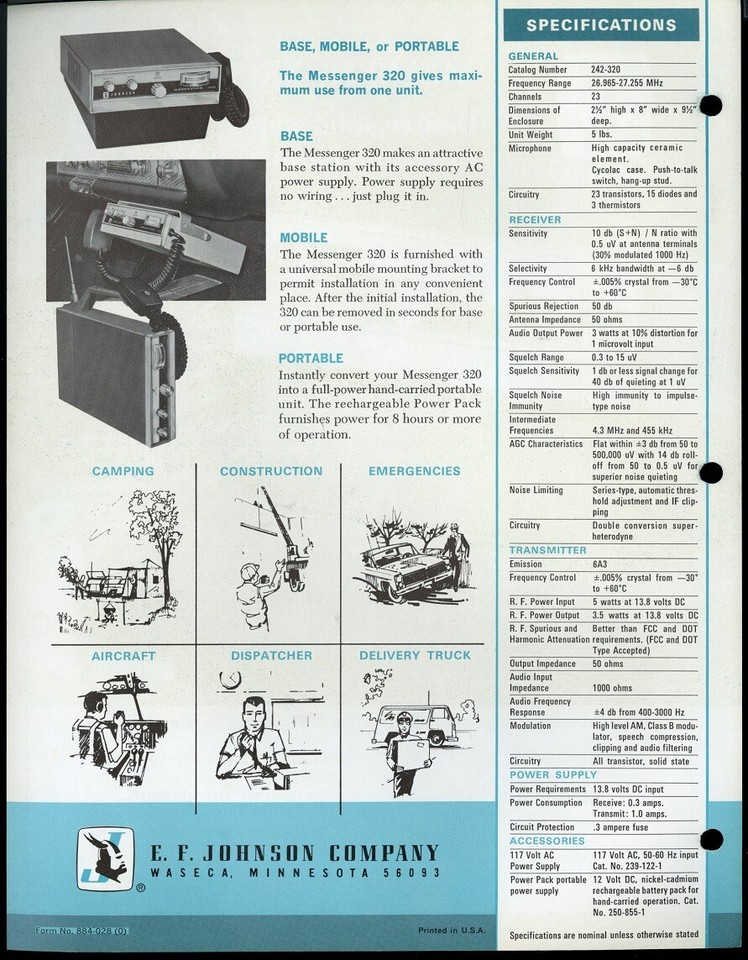 Vintage JOHNSON Messenger 320 CB Transceiver Print Ad Sales Spec Sheet ...
