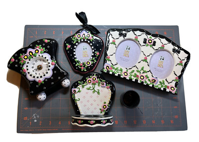 Mary Engelbreit Blk Floral Ceramic lot: Clock, sm frame, double frame ...