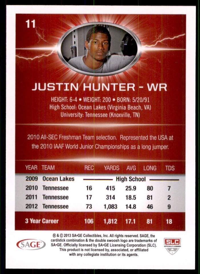 2013 SAGE HIT Silver Justin Hunter Rookie Tennessee Volunteers #11 NCAA ...