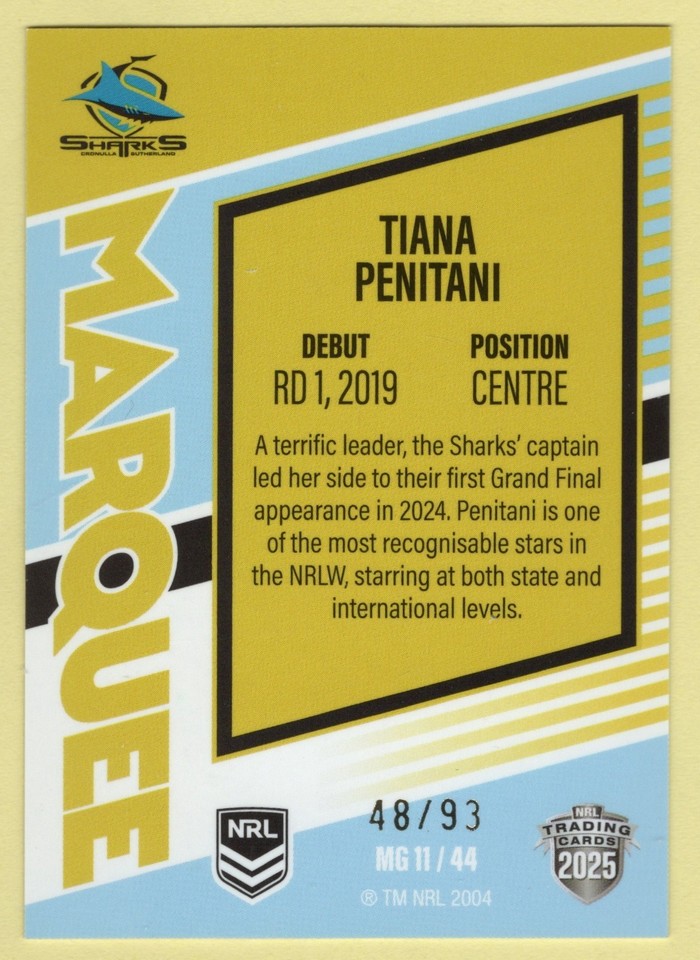 2025 NRLW NRL ELITE GOLD MARQUEE CARD MG11 Tiana PENITANI [CRONULLA ...