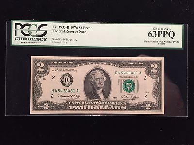 1976 $2 Two Dollar Mismatched Serial Prefix Letters Error CU63PPQ Note ...