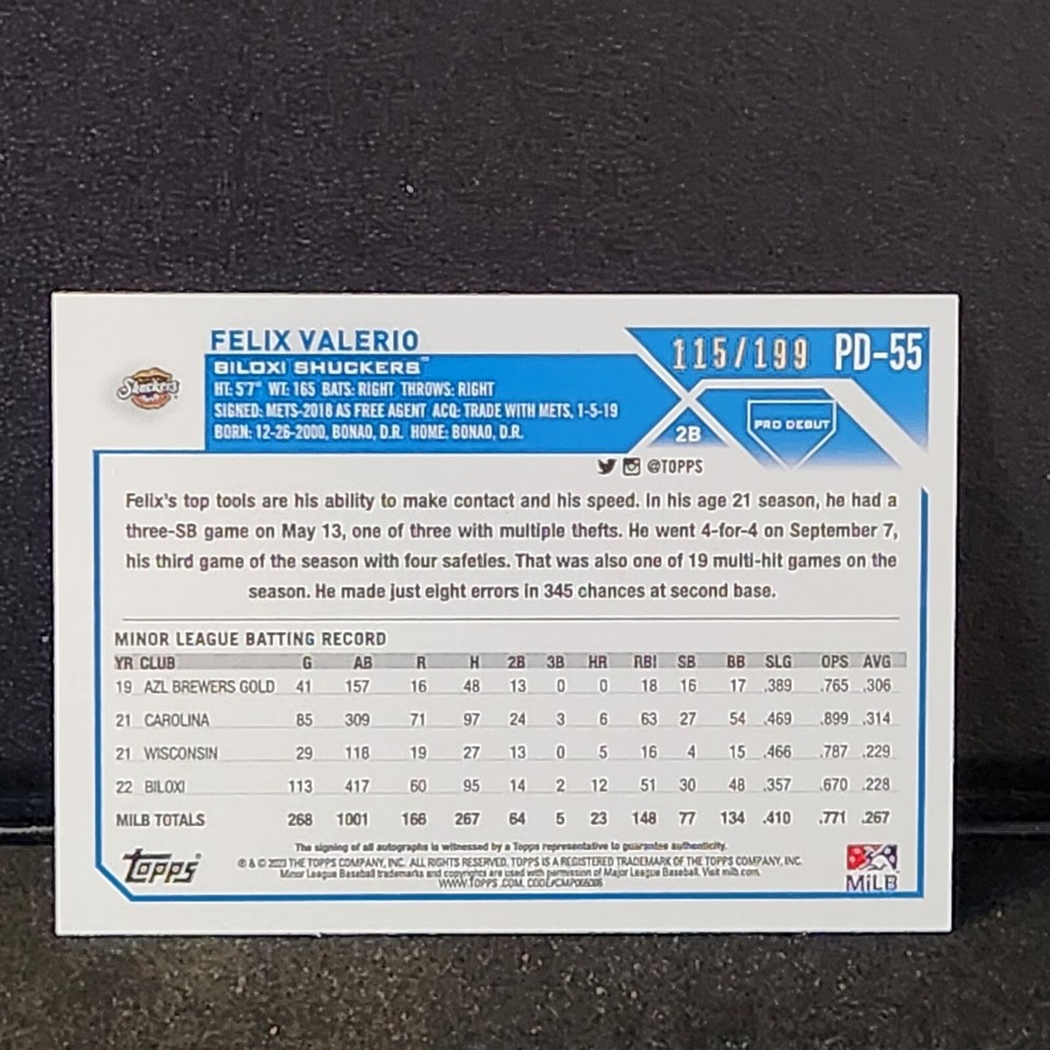 Felix Valerio 2023 Topps Pro Debut Sparkle Auto 115/199 | eBay