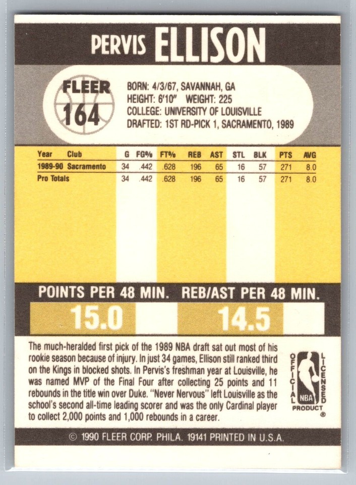 Pervis Ellison Rookie Card 1990-91 Fleer BASKETBALL #164 Washington ...