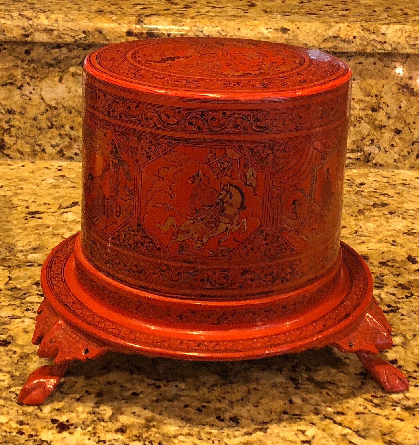RARE SIGNED LARGE RED LACQUER BIRD FOOTED 4 PIECE LUNCH BOX BUDDHA ...