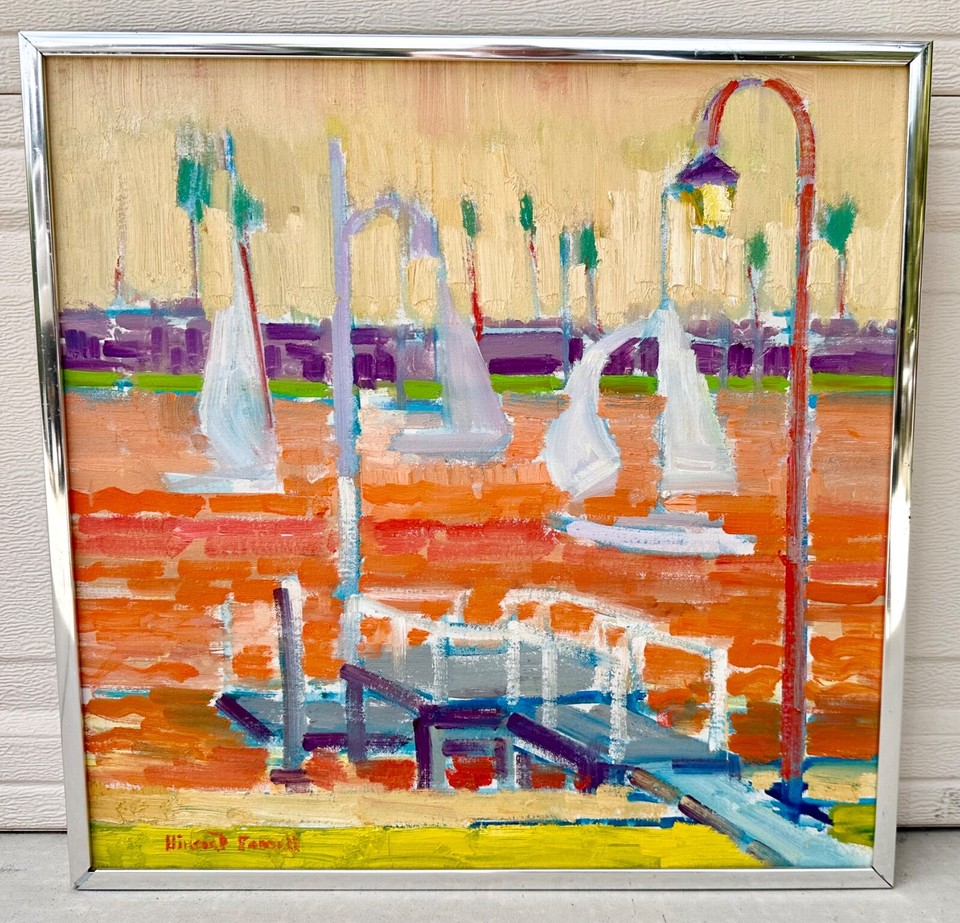 Listed Artist Vincent Farrell Impressionist Oil Painting Sailboats Dock ...
