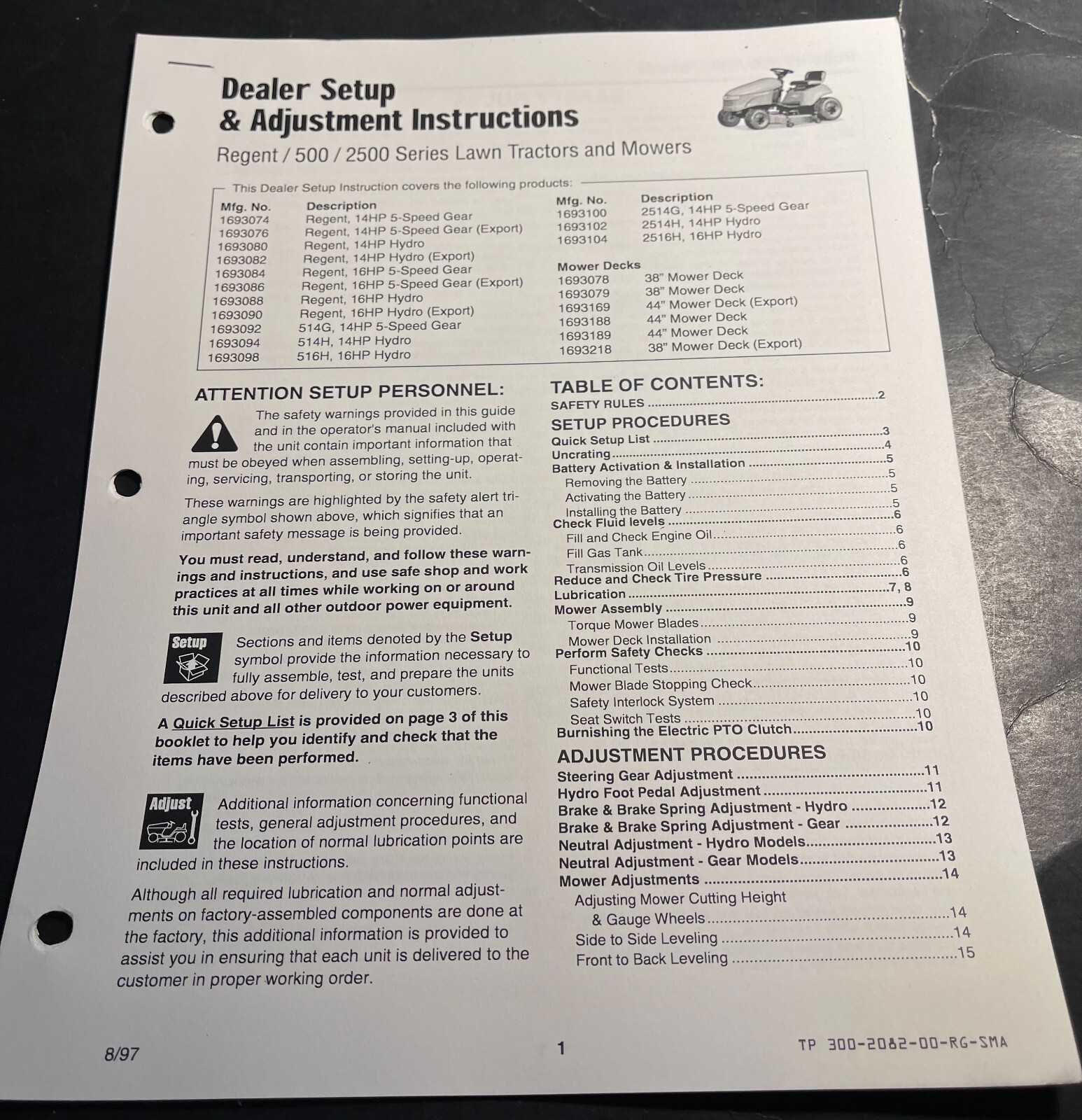 1998 SIMPLICITY REGENT 500, 2500 LAWN TRACTORS & MOWERS SET UP MANUAL ...