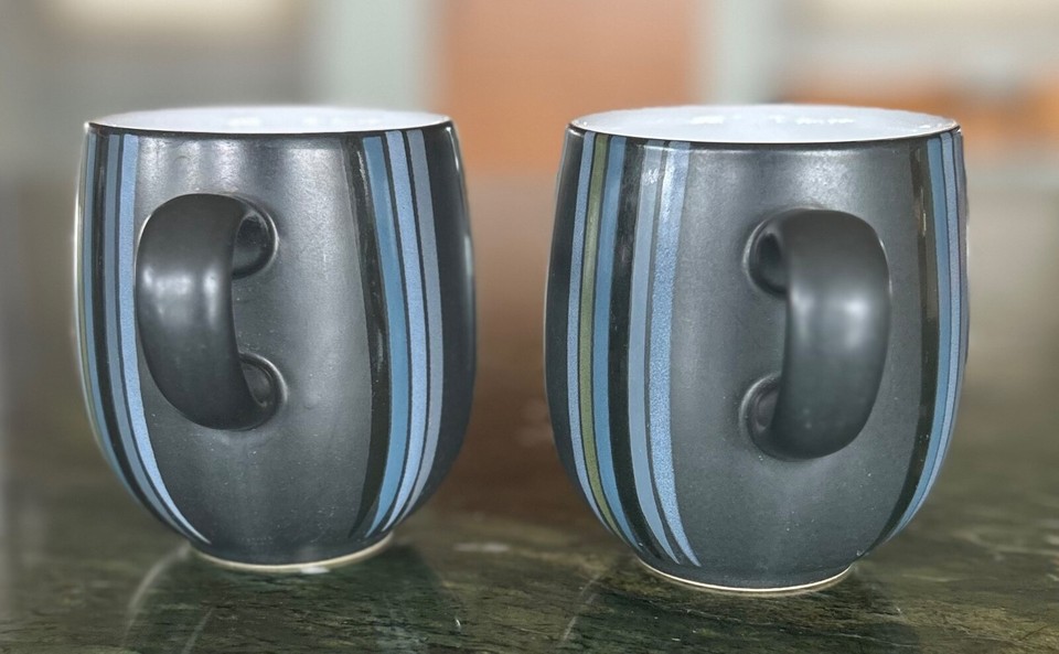 Set of 2 Denby “Jet” Stripes Mugs/Cups 10 oz Black, Blue, White, Gold ...