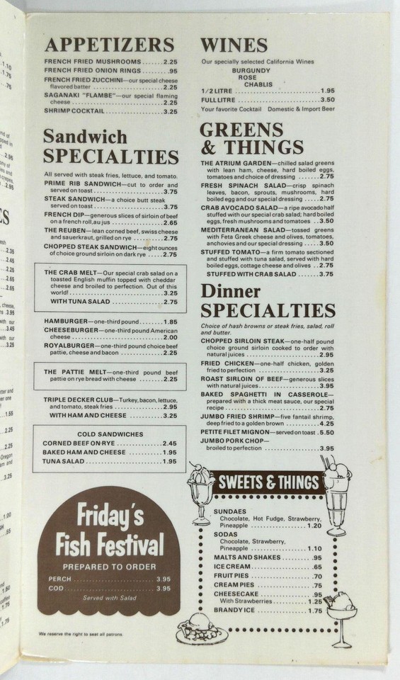 1960's Original Vintage Large Menu THE ATRIUM Restaurant Rockford ...