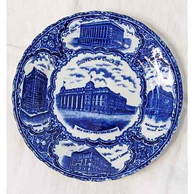 ANTIQUE Staffordshire Flow Blue Historical SOUVENIR Plate CHICAGO NW RR ...