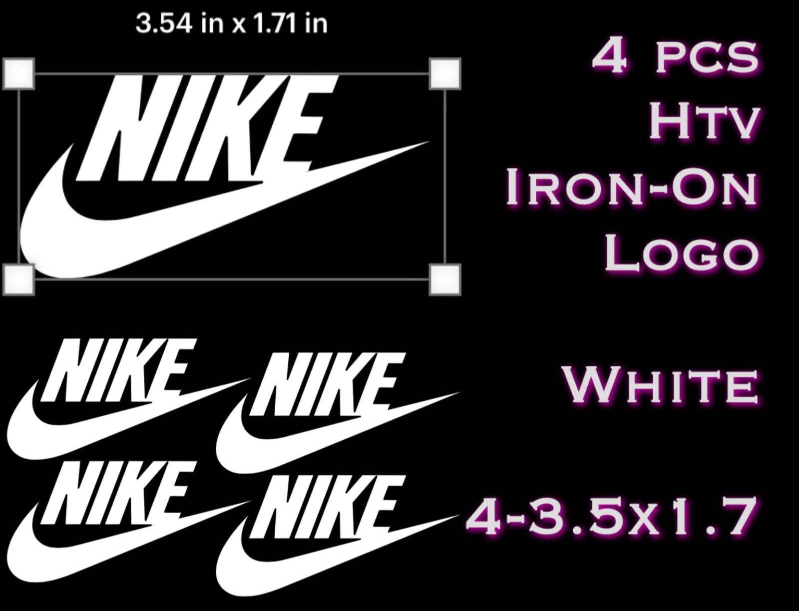 4pc Lot Iron On White HTV Nike Name Brand Tic 3.5x1.7” 🤍 Easy To Apply ...