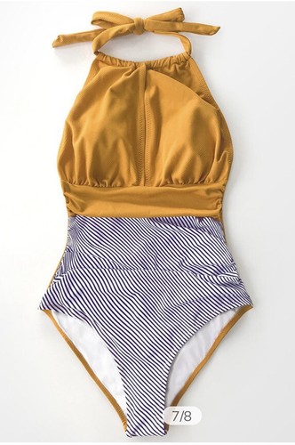 Cupshe Tummy Control Swimsuit Yellow with Black/White Stripes-Large ...