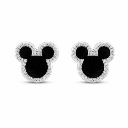 Lab Created Diamond Mickey Mouse 1.80Ct Onyx Earrings In 14K White Gold ...