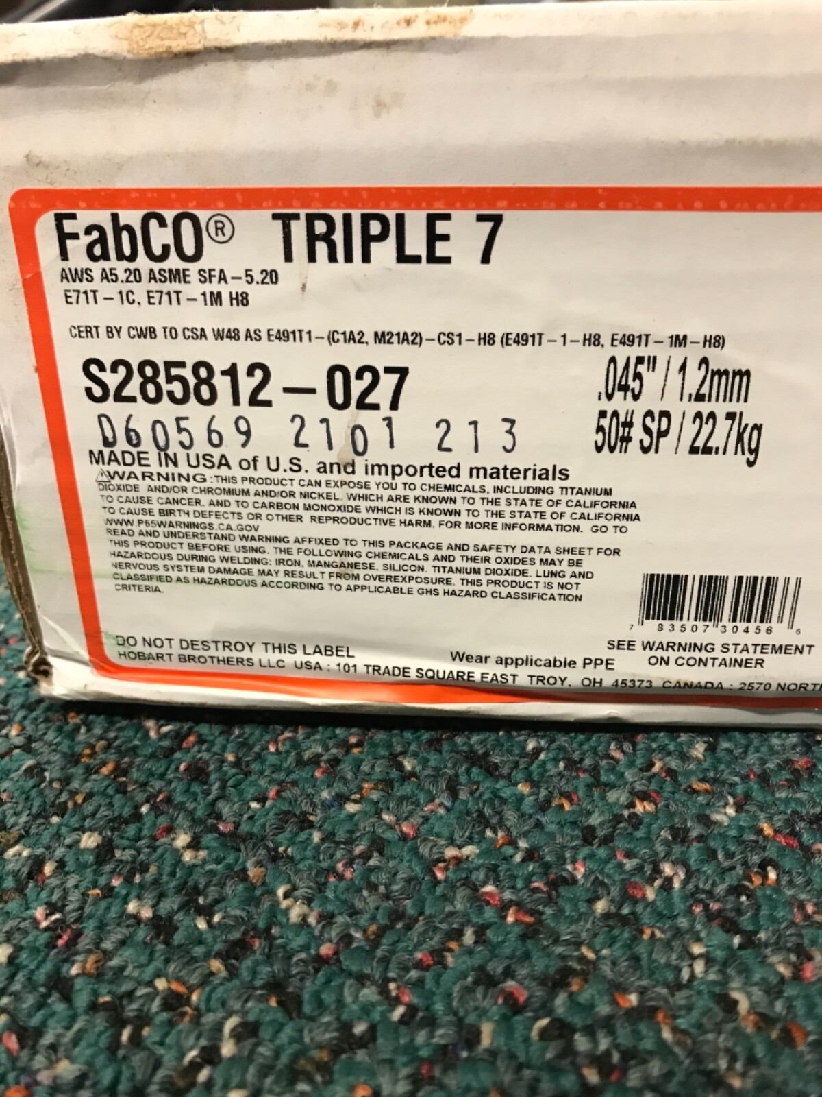 Hobart .045" FabCO Triple 7 Gas Shielded Carbon Steel Tubular 50 lb ...