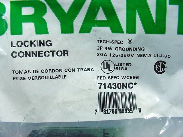 Hubbell Bryant L14-30R Twist Turn Locking Connector Plug 30A 125/250V ...