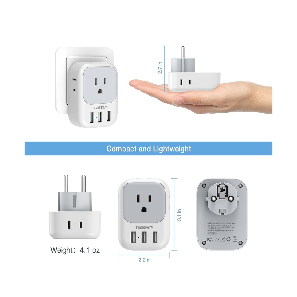 TESSAN Type E F Plug Adapter 2 Pack, Germany France Power Adapter ...