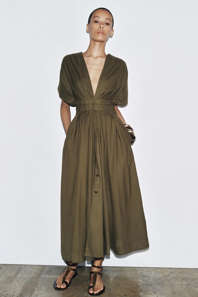 ZARA NEW SS25 WOMAN ZW COLLECTION PLEATED MIDI DRESS DARK KHAKI 2965/ ...