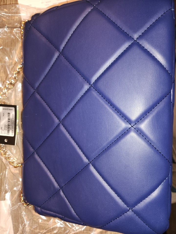 BMH Navy Quilted Shoulder Bag Logo Accent Chain Strap Gold Hardware | eBay