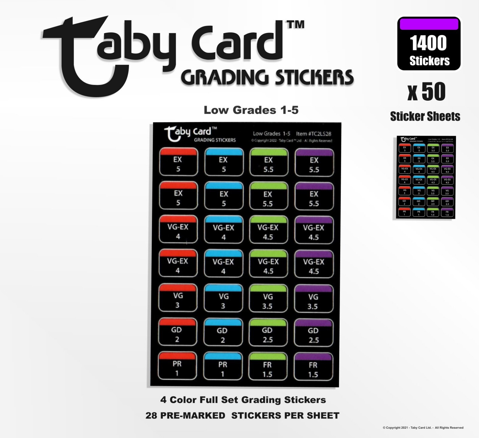 1400 pc Taby Card™ Grading Sticker Set (Low Grades 1-5.5) 28 Stickers ...