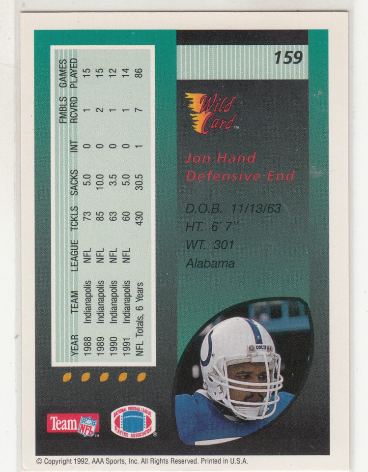 JON HAND 1992 Wild Card NFL #159 Parallel 5 Stripe Indianapolis Colts ...